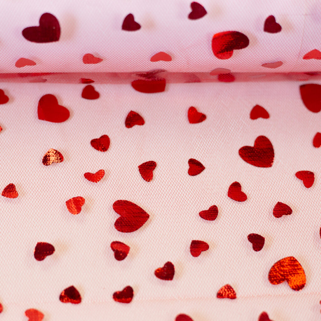 Tyl jul rød m/ røde hjerter - FabricRoad